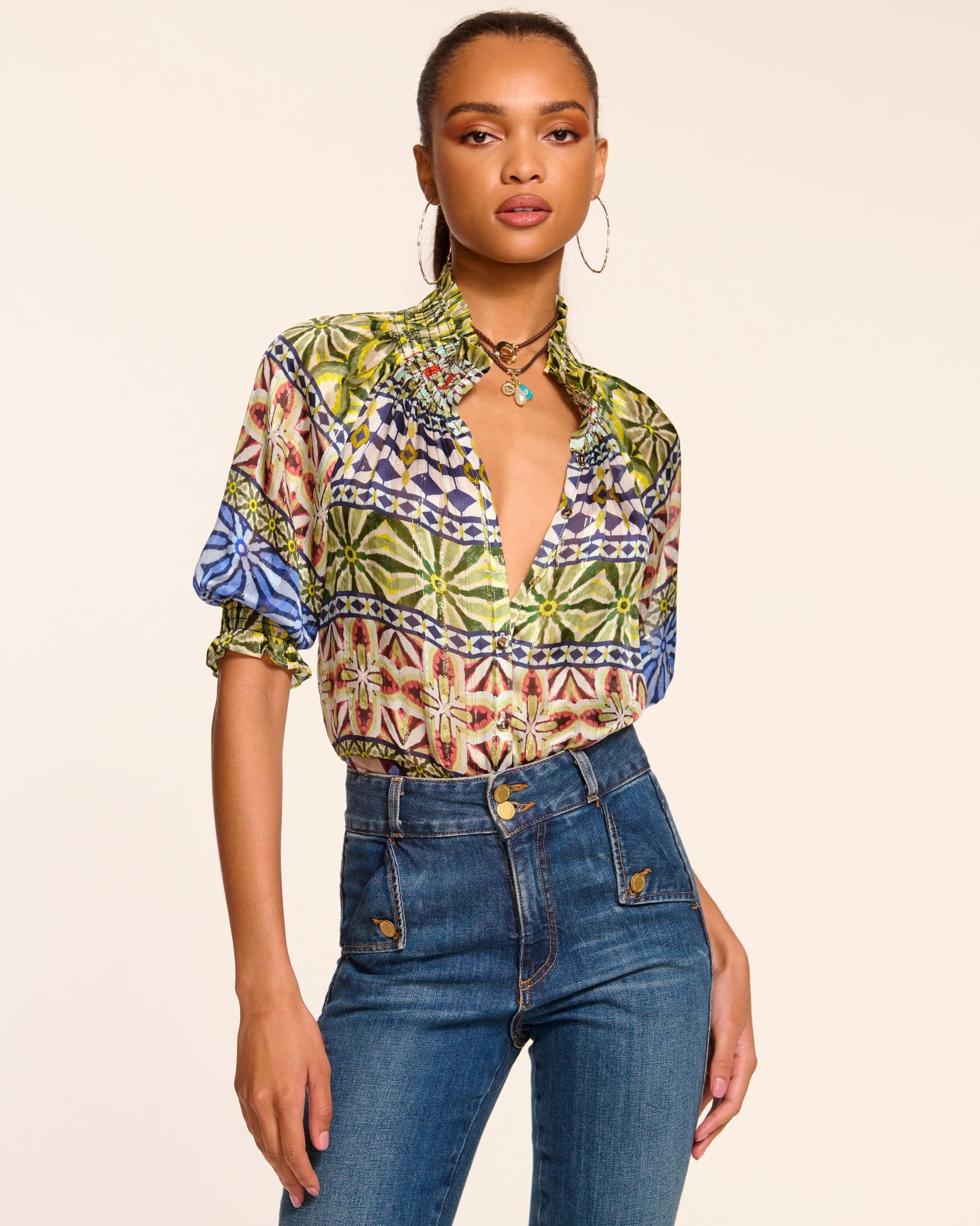 Chela Silk V-Neck Puff Sleeve Blouse Blue Multi - Ramy Brook